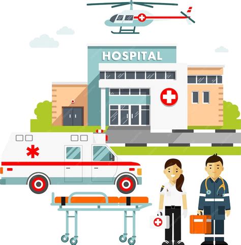 병원 구급차 자동차 헬리콥터 구급 대원 및 들것 프리미엄 벡터