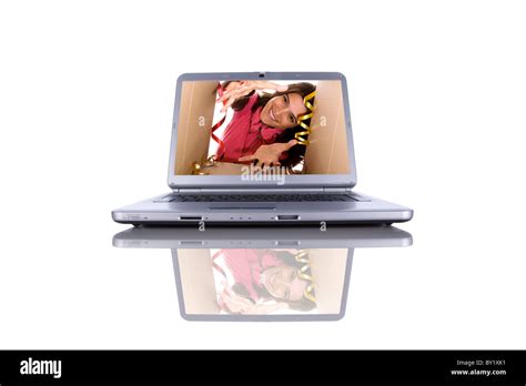 Happy Woman Open A Christmas Present Inside A Laptop Computer Isolated On White Stock Photo Alamy