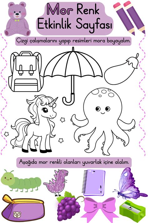 Mor Renk Boyama Ve Renkler Etkinliği Çalışma Sayfası