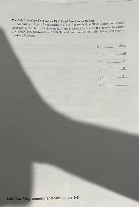 Solved Pre Lab Procedure E A Series Rlc Band Pass Circuit