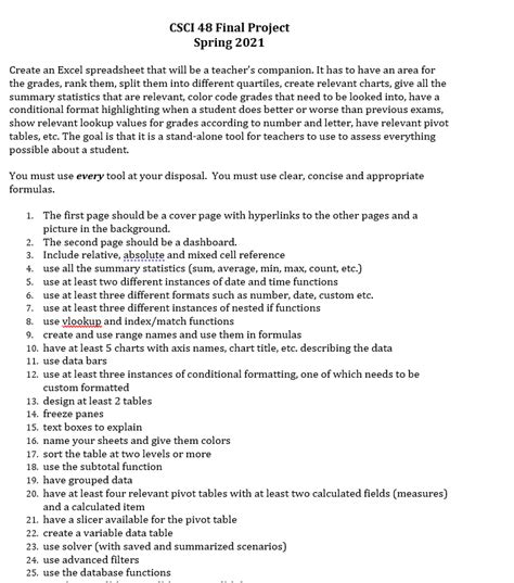CSCI 48 Final Project Spring 2021 Create An Excel Chegg Com
