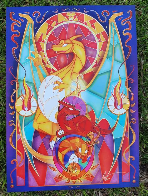 Charizard Evolution Stained Glass A3 Art Print Pocket Monster Etsy