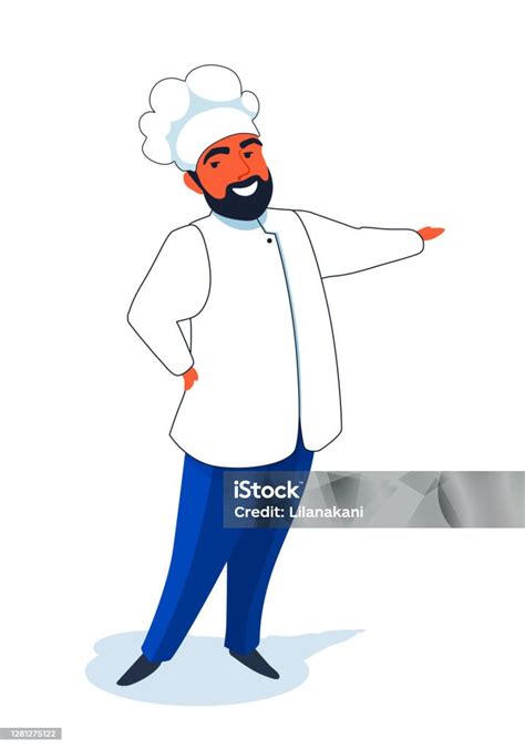 유니폼을 입은 요리사가 손짓으로 미소를 짓고 있는 것을 보여준다 수염이 있는 제빵사가 옆을 가리켰다 전체 길이의 만화 캐릭터 가공의 인물에 대한 스톡 벡터 아트 및 기타