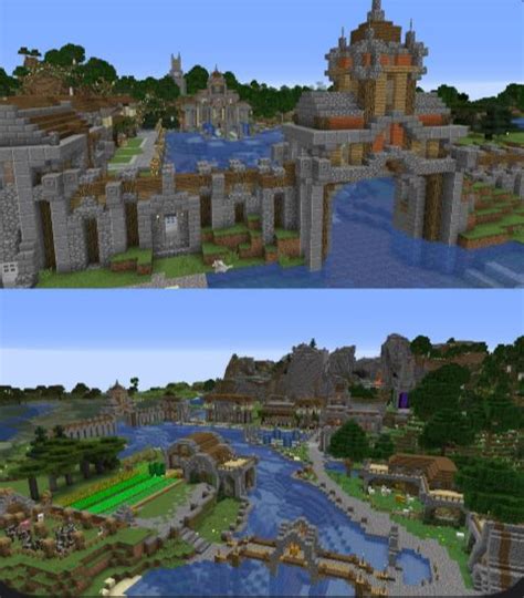 Minecraft City With Bridge And Buildings Castle On The Water