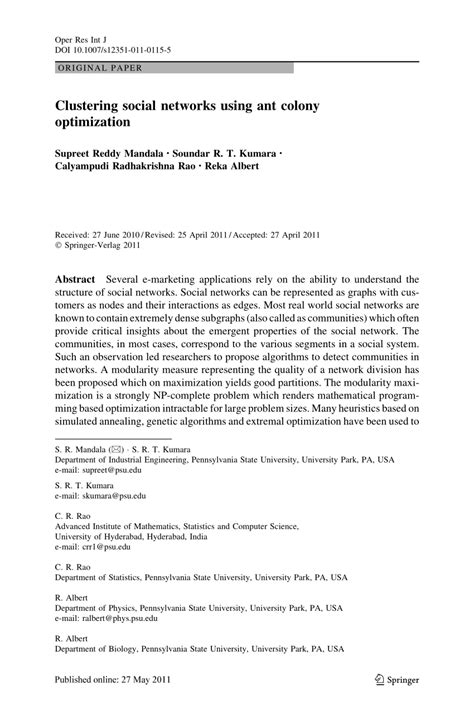 Pdf Clustering Social Networks Using Ant Colony Optimization