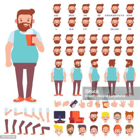 다양 한 플레이 헤어스타일 입술 Synching 감정 자세 및 제스처 뚱뚱한 남자 창조 수염 남성에 대한 스톡 벡터 아트 및