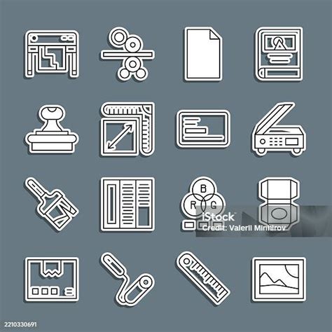 선 그림 가로 판지 상자 스캐너 빈 문서 용지 크기 우표 플로터 및 비즈니스 아이콘을 설정합니다 벡터 Cmyk에 대한 스톡 벡터 아트 및 기타 이미지 Istock