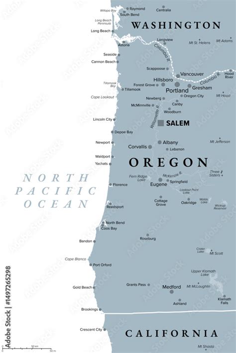 Oregon Coast Gray Political Map Coastal Region Of U S State Of