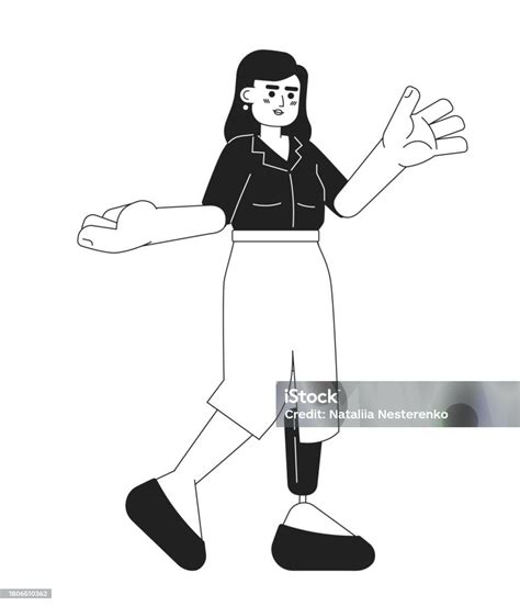 백인 성인 여성 보철 다리 몸짓 흑백 2d 만화 캐릭터 2차 도형에 대한 스톡 벡터 아트 및 기타 이미지 2차 도형 가공의 인물 건강관리와 의술 Istock