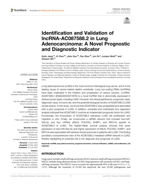Pdf Identification And Validation Of Lncrna Ac0875882 In Lung Adenocarcinoma A Novel