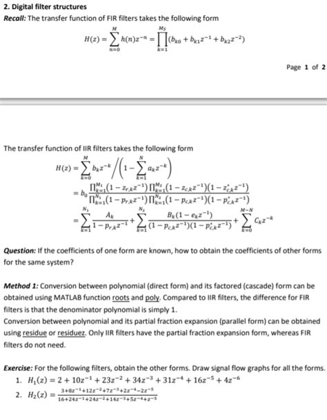 Solved Digital Filter Structures Recall The Transfer Chegg