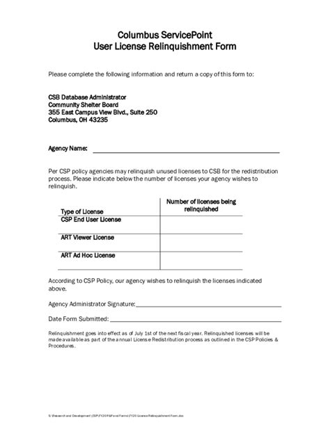 Fillable Online Csp User License Relinquishment Form Fax Email Print Pdffiller