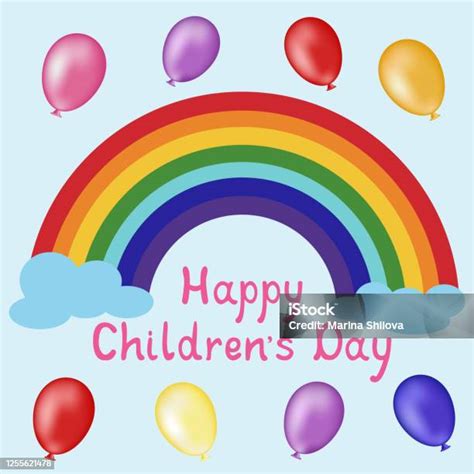 행복한 어린이 날 인사말 카드 무지개 구름 풍선이 있는 인사말 카드 공휴일에 대한 스톡 벡터 아트 및 기타 이미지 공휴일 구름 날씨 Istock