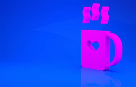 분홍색 커피 컵과 파란색 배경에 고립 된 심장 아이콘 발렌타인 데이에 연인을위한 커플 커피 미니멀리즘 개념 3d 일러스트레이션