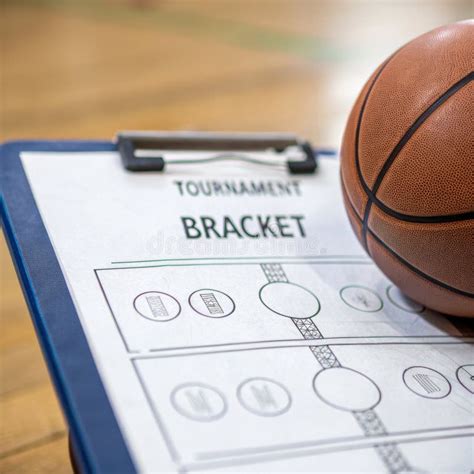 Basketball Resting On Clipboard With Tournament Bracket Symbolizing