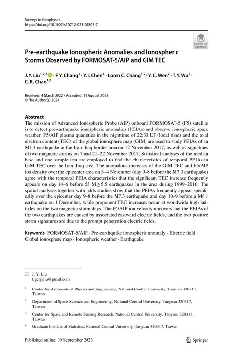 Pdf Pre Earthquake Ionospheric Anomalies And Ionospheric Storms Observed By Formosat 5aip And