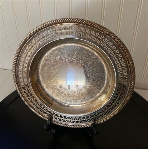 Vintage Wm Rogers Silverplate Tray Ornate Vanity Serving Tray Round