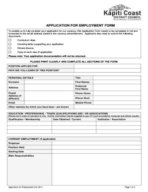 Fillable Online APPLICATION FOR EMPLOYMENT FORM Kapiticoast Govt Nz Fax Email Print PdfFiller