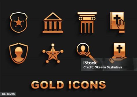 세트 헥사그램 보안관 성경에 선서 검색을위한 돋보기 사용자 보호 법률 기둥 경찰 배지 및 법원 건물 아이콘 벡터 법에 대한 스톡 벡터 아트 및 기타 이미지 Istock