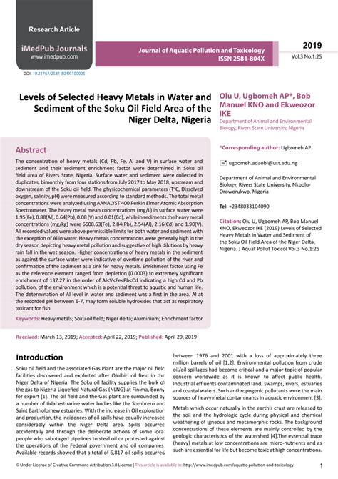 Pdf Levels Of Selected Heavy Metals In Water And Sediment Of The Soku