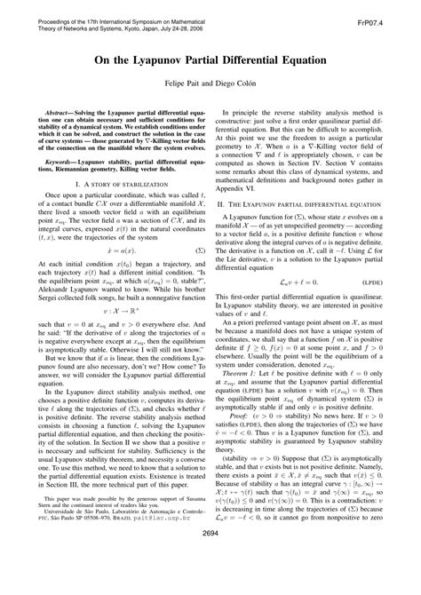 Pdf On The Lyapunov Partial Differential Equation