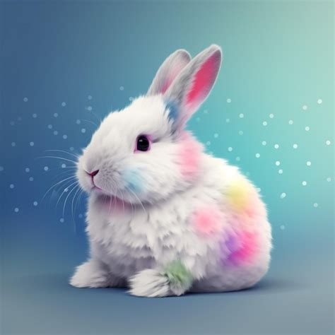 Premium Photo A Bunny With A Rainbow Colored Tail Sits On A Blue