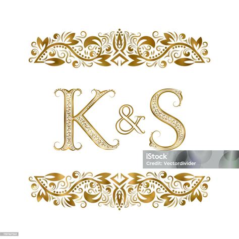 K와 S 빈티지 이니셜 기호입니다 문자는 장식 요소에 둘러싸여 있습니다 결혼식 또는 비즈니스 파트너 로얄 스타일의 모노 그램 소용돌이 모양에 대한 스톡 벡터 아트 및 기타