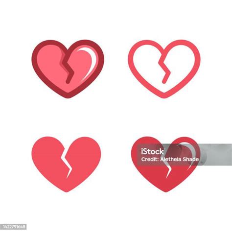 빨간 깨진 심장 만화 스티커 패치 아이콘 디자인 세트입니다 간단한 평면 최소 벡터 그림입니다 발렌타인 데이 비탄 사랑 이혼 상처 기호 상징 개념에 대한 스톡 벡터 아트 및