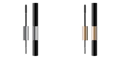 마스카라 튜브와 지팡이 어플리케이터 속눈썹 브러쉬로 화장품 병 흰색 배경에 고립입니다 그런 지 견본 검은 물결 모양의 브러시