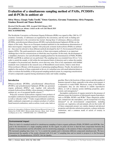 Pdf Evaluation Of A Simultaneous Sampling Method Of Pahs Pcdd Fs And