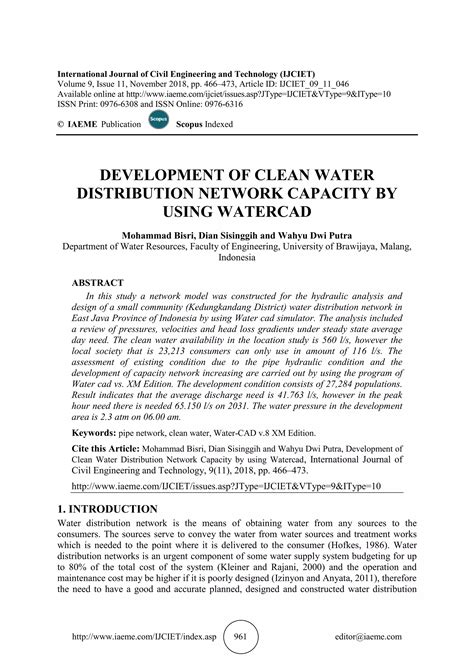 DEVELOPMENT OF CLEAN WATER DISTRIBUTION NETWORK CAPACITY BY USING WATERCAD PDF Water