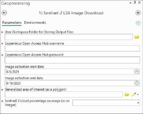 sentinel 2 l2a image download tool dialog box in arcgis pro desktop