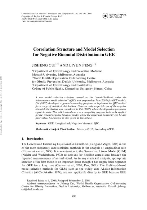 Pdf Correlation Structure And Model Selection For Negative Binomial