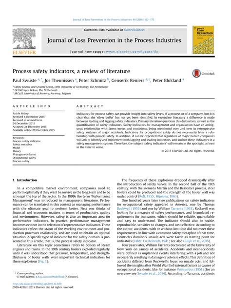 Pdf Process Safety Indicators A Review Of Literature