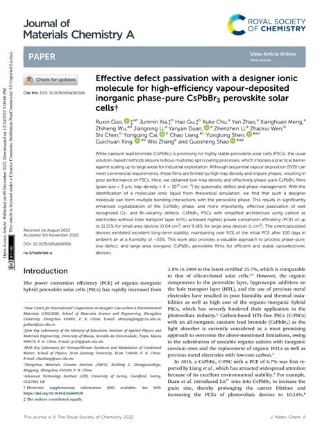 Pdf Effective Defect Passivation With A Designer Ionic Molecule For High Efficiency Vapour
