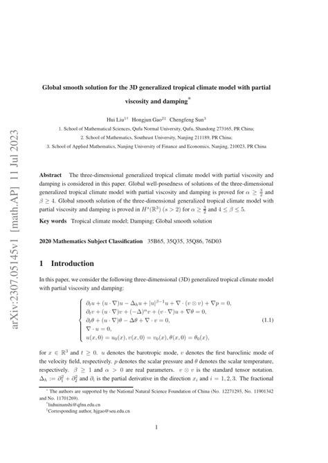 Pdf Global Smooth Solution For The 3d Generalized Tropical Climate Model With Partial
