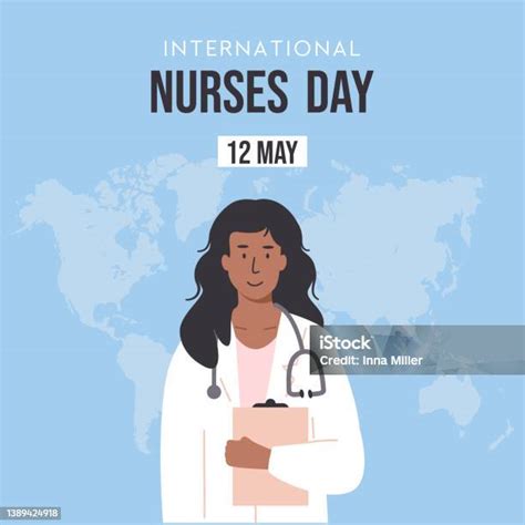 국제 간호사 일 정사각형 웹 배너 템플릿 또는 인사말 카드 세계지도와 배경에 의료 역사 메모장을 들고 청진기를 가진 의료 직원 또는 여성 의사 벡터 일러스트레이션