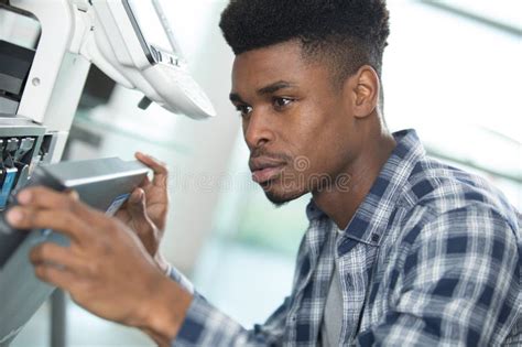 Man Closing Front Panel On Photocopier Stock Photo Image Of Scan Open