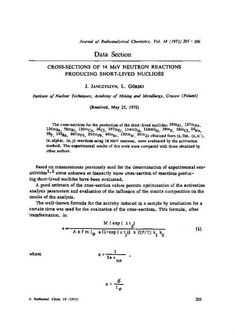 Pdf Cross Sections Of 14 Mev Neutron Reactions Producing Short Lived