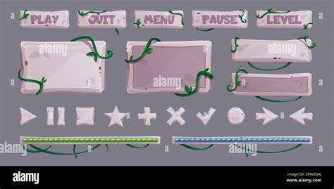 Stone Gui Elements With Jungle Vines And Leaves Cartoon Game User Interface Design Buttons