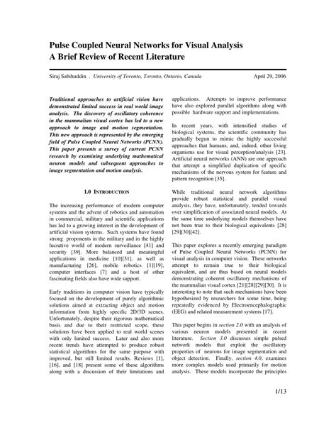 Pdf Pulse Coupled Neural Networks For Visual Analysis A Brief Review Of Recent Literature