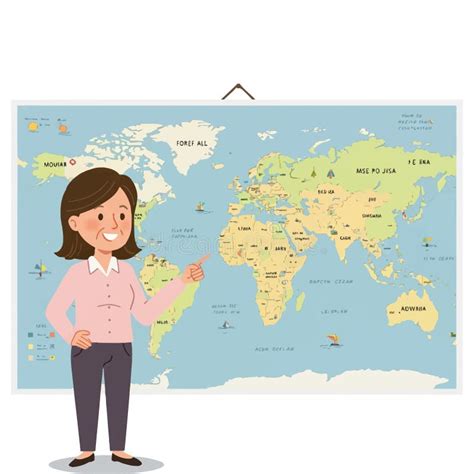 Teacher Pointing To World Map In Classroom Stock Vector Illustration