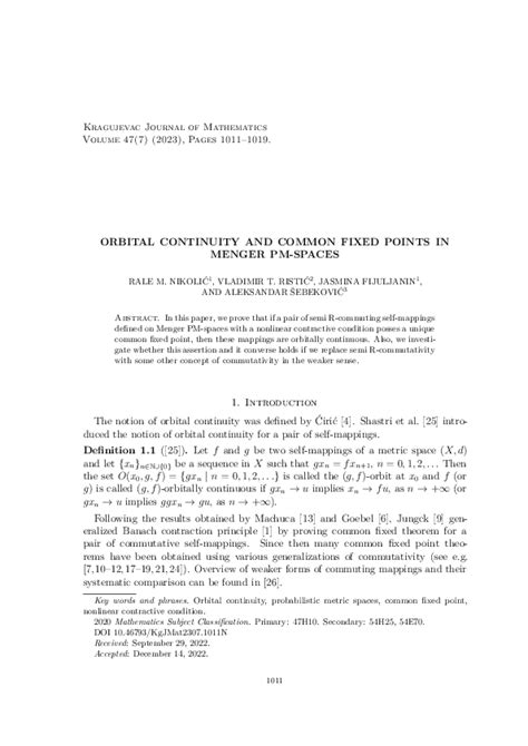 Pdf Orbital Continuity And Common Fixed Points In Menger Pm Spaces