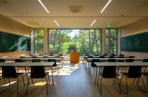 A Room With Tables And Chairs And A Sign That Says Exit Premium Ai Generated Image