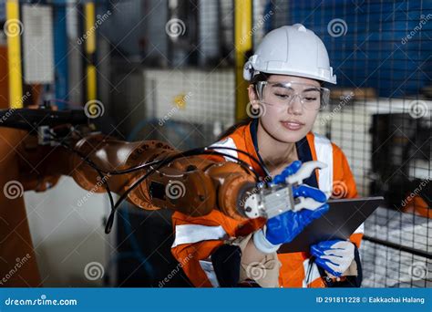 Female Technician Modern Factory Technical Of Robot Operation