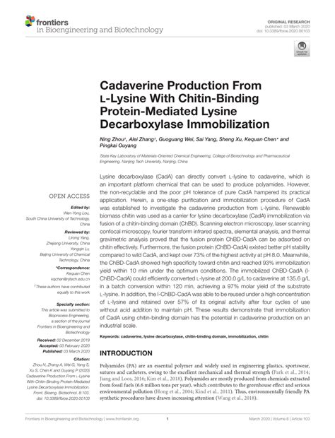 Pdf Cadaverine Production From L Lysine With Chitin Binding Protein