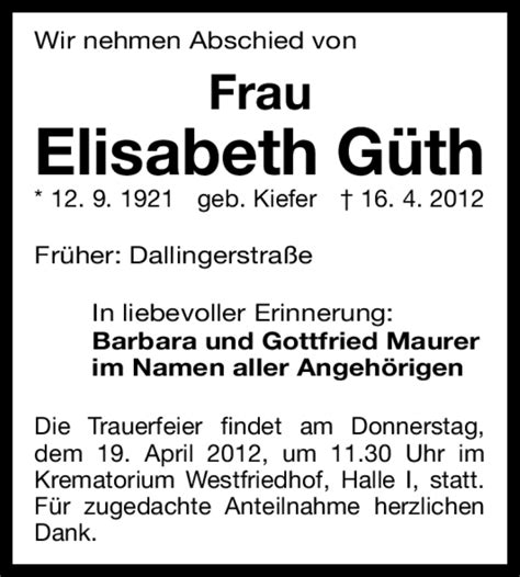 Traueranzeigen Von Elisabeth Güth Trauernnde