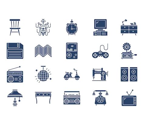 70 년대와 80 년대 복고 스타일 아이콘 세트 프리미엄 벡터