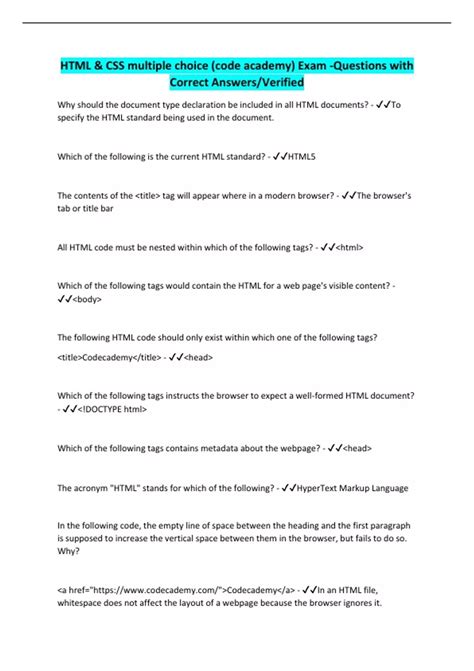 HTML CSS Multiple Choice Code Academy Exam Questions With Correct Answers Verified HTML