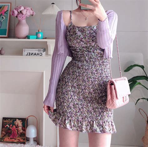 11 보라색 연보라 스모크 셔링 꽃무늬 라일락 원피스 가디건 세트 에이블리